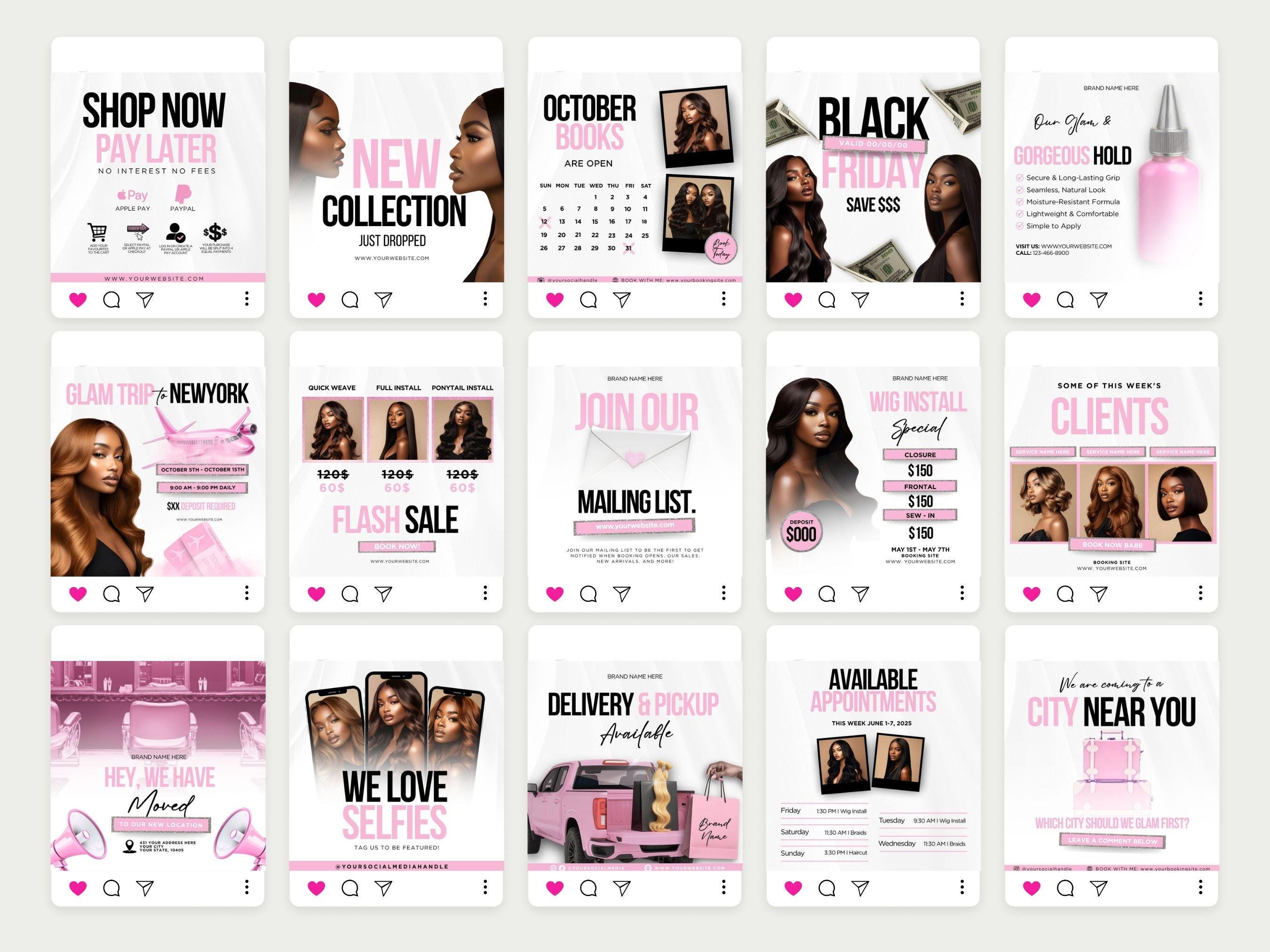 Hair Wig Instagram Post Template Canva Hairstylist Branding Wig ...
