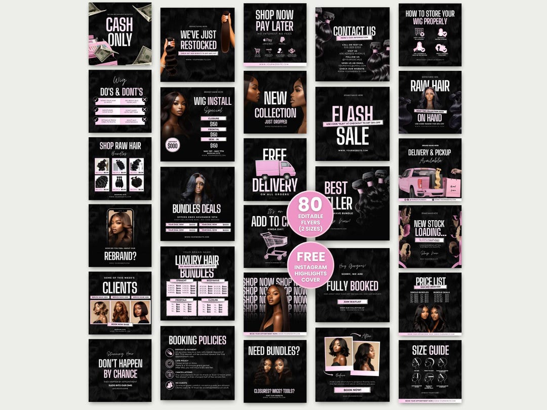 Hair Branding Kit Canva Hair Template Instagram Post Hair Wig Business ...