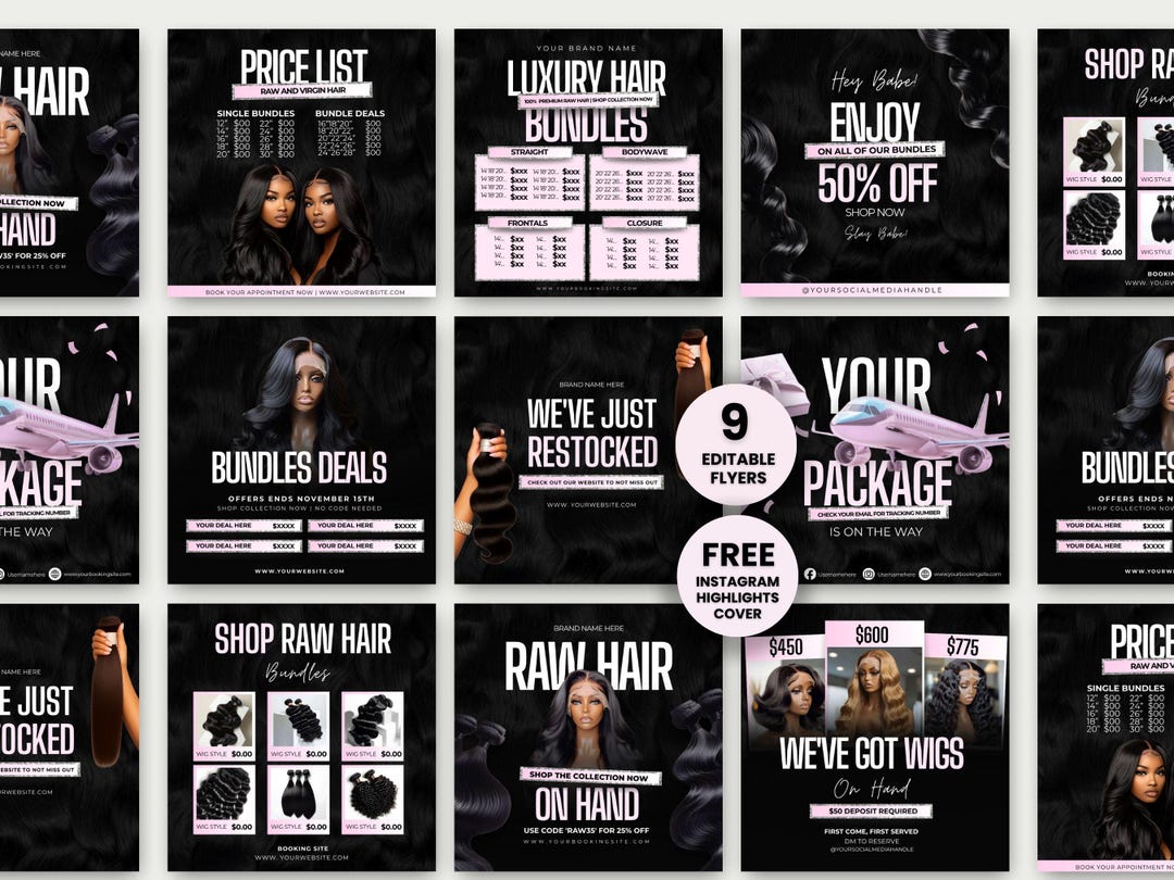 Hair Salon Price Lists Hair Bundle Flyer Hair Deals Wig Template Canva ...