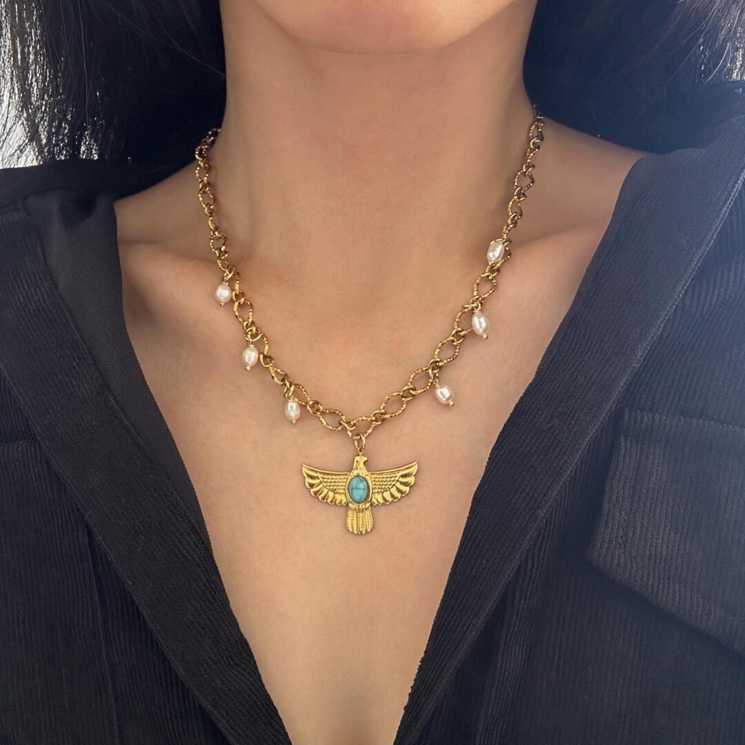 Boho Chic Eagle Necklace, Thunderbird Charm Necklace With Real Pearl ...