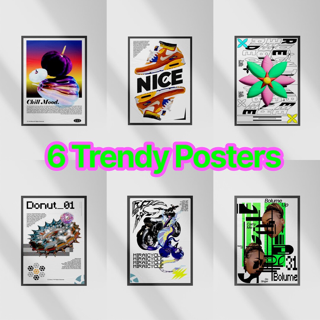 Graphic Design Brutalism Trendy Posters Frame Art - Set of 5 Colorful ...