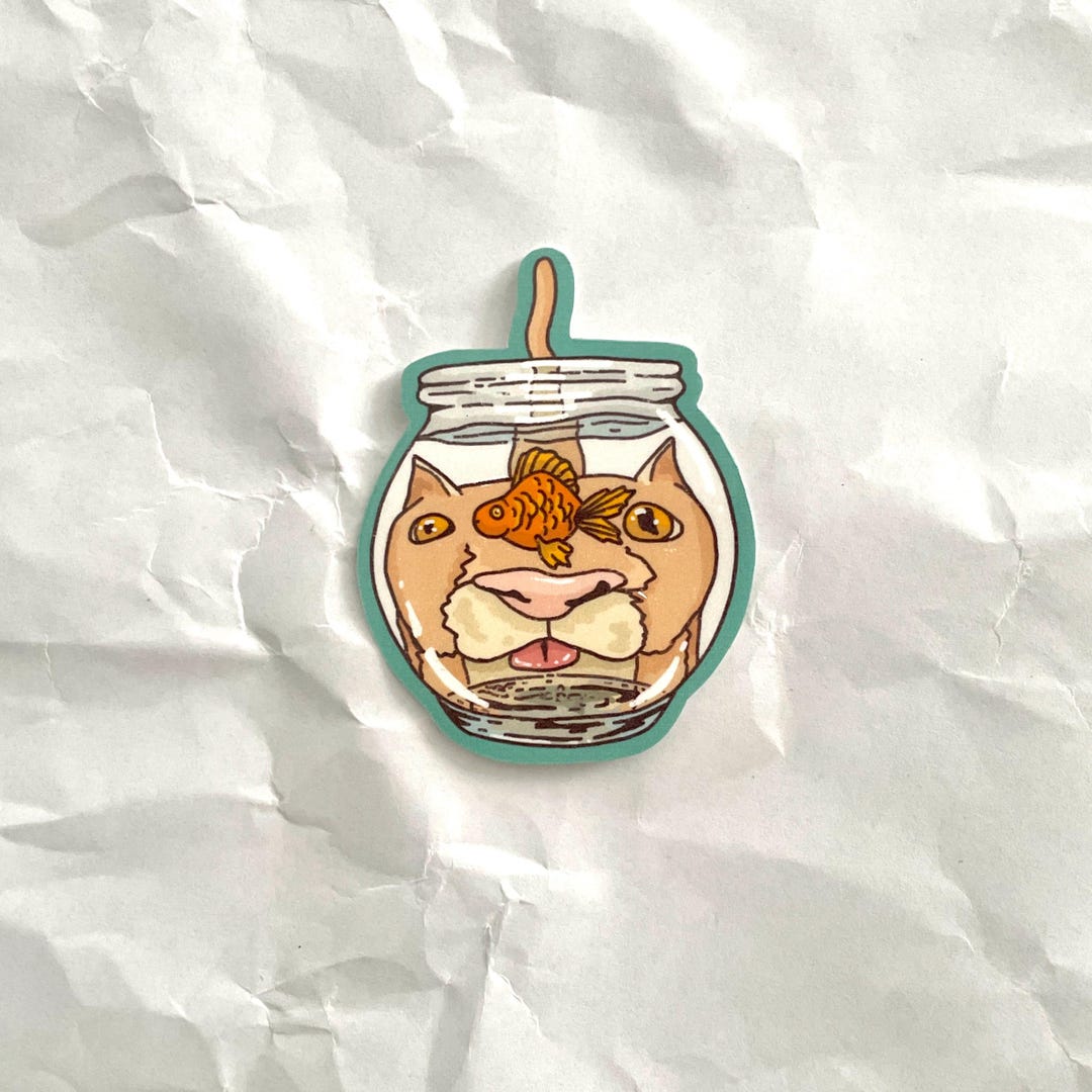 Cat Watching Fishbowl Sticker Funny Goldfish Cat Vinyl Sticker for ...