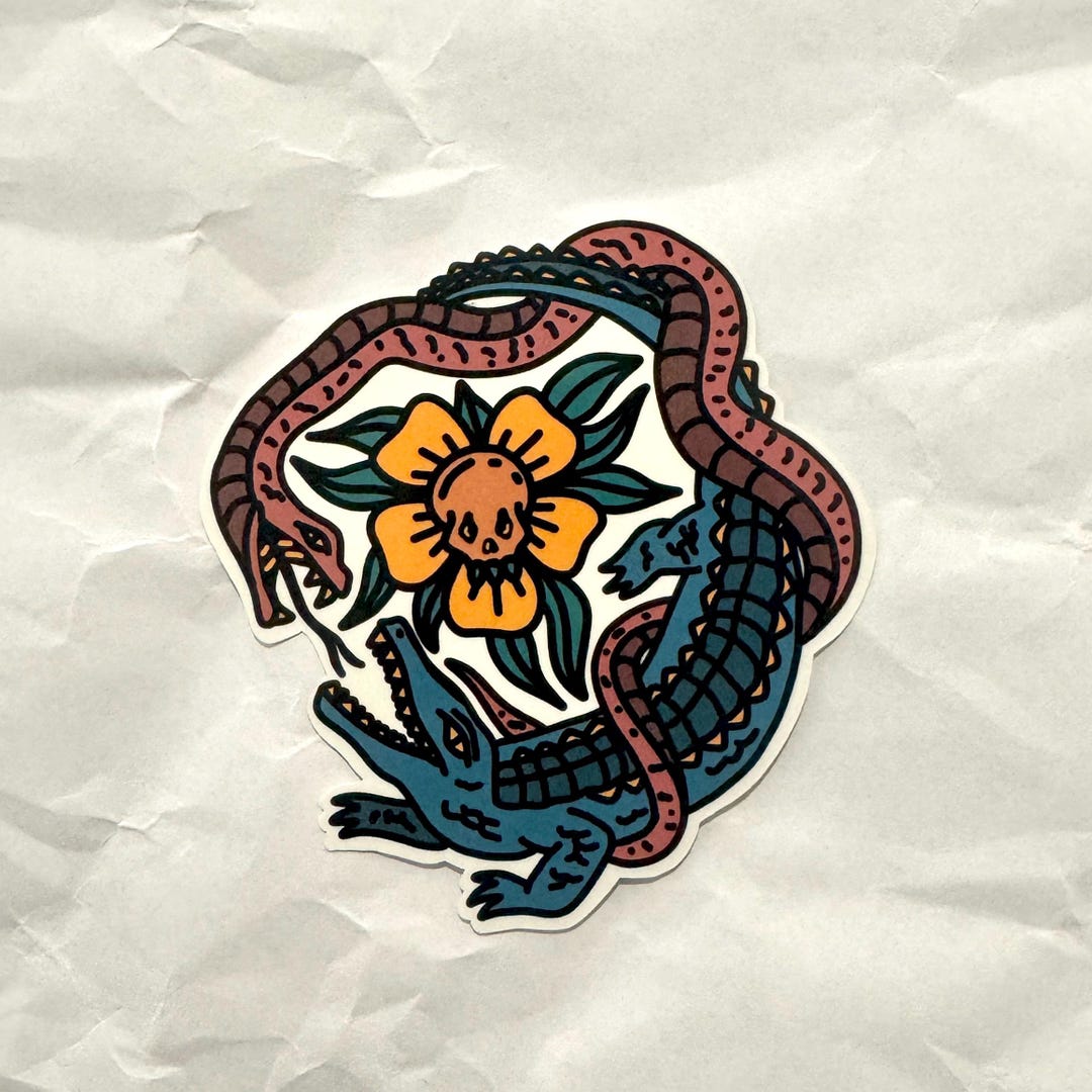 Snake & Gator Sticker Traditional Tattoo Style Animal Clash With Skull ...