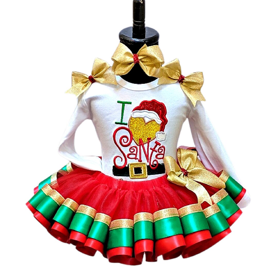 I LOVE SANTA Red Green and Gold Ribbon Tutu 3 Piece Set Tutu Shirt and ...