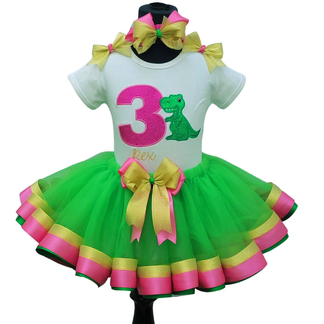 3 Rex Dinosaur Glitter Personalized Birthdaygreen Pink Gold Ribbon Tutu ...
