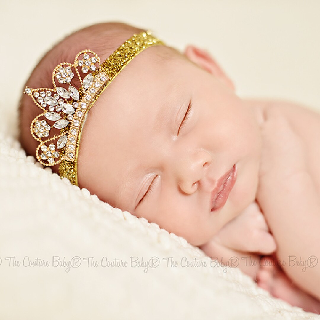 Crystal & Gold Glitter Tiara Headband Preemie Infant Toddler Child ...