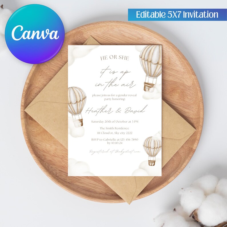 Neutral Air Balloon Gender Reveal Invitation: Boho Evite (editable ...