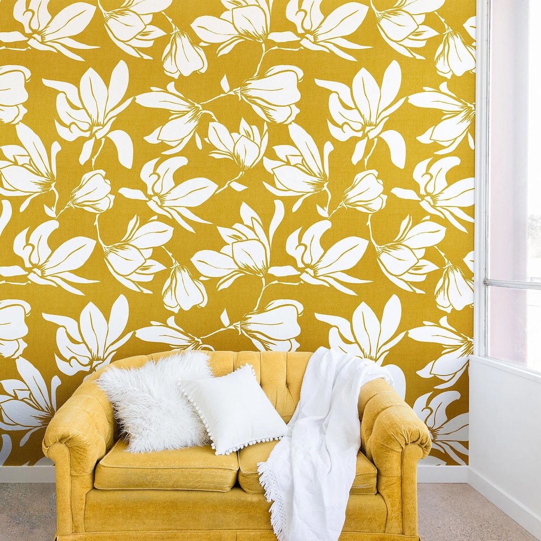 Yellow Floral Wall Mural / Peel & Stick Wallpaper Mural / Removable ...
