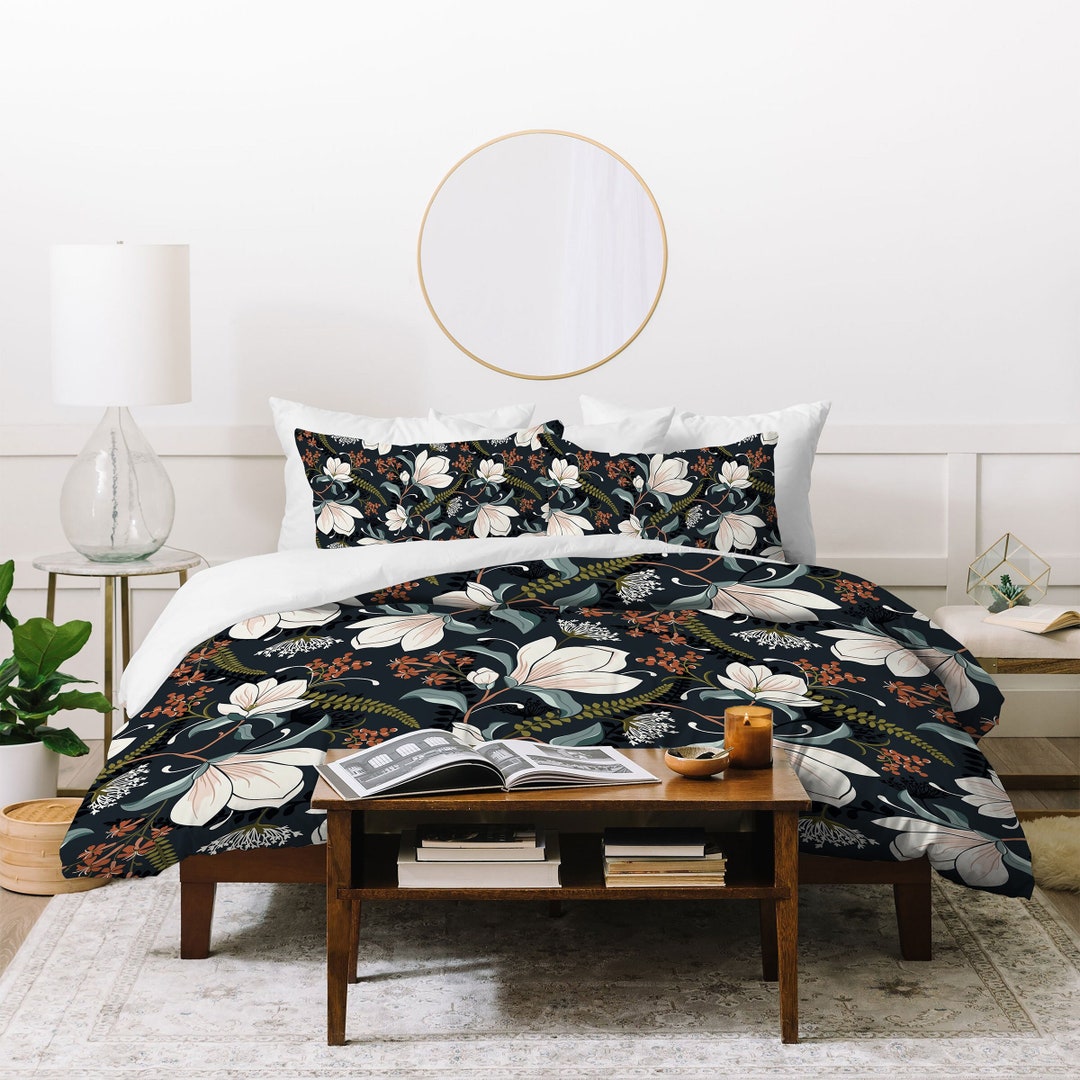 Magnolia Floral Duvet Cover: Dark Boho Bedding, Cotton or Poly - Etsy