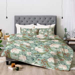 Magnolia Floral Duvet Cover / Green Bedding / Boho Duvet Cover / Duvet ...