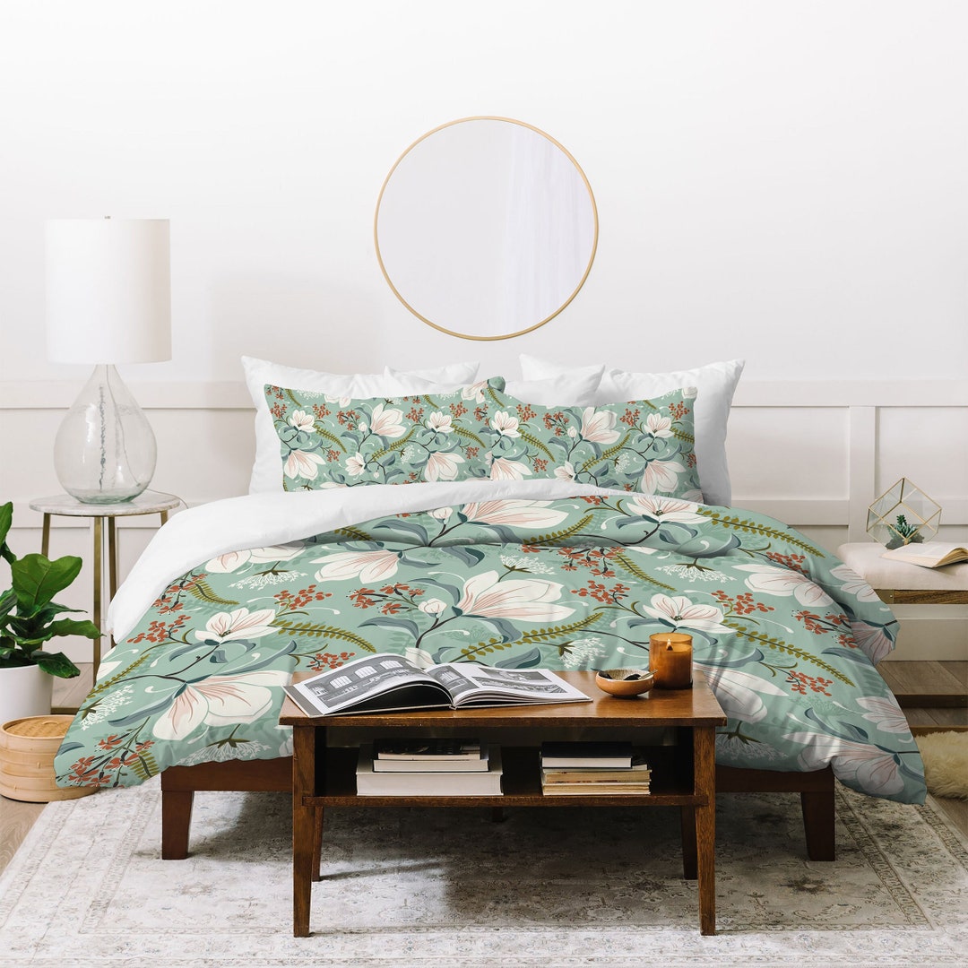 Magnolia Floral Duvet Cover / Green Bedding / Boho Duvet Cover / Duvet ...
