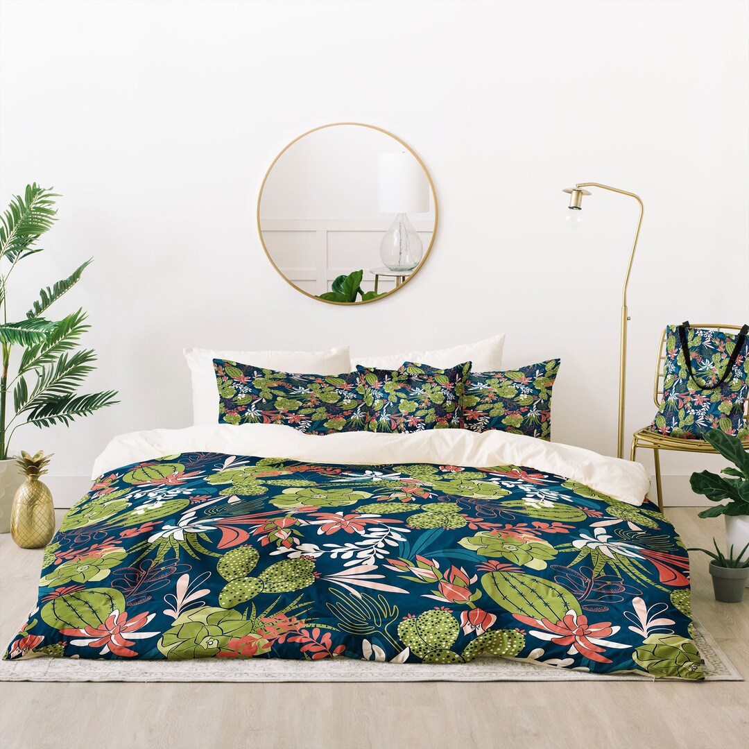 Boho Succulent Comforter: Lightweight Blue Bedding, Cotton or ...