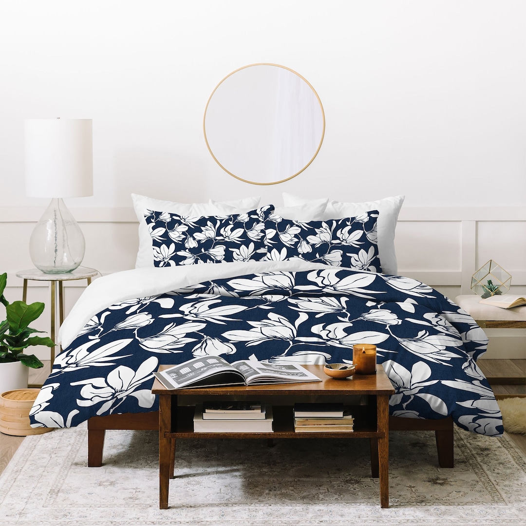 Navy Blue Duvet Cover / Magnolia Floral Duvet Cover / Duvet Cover Queen ...