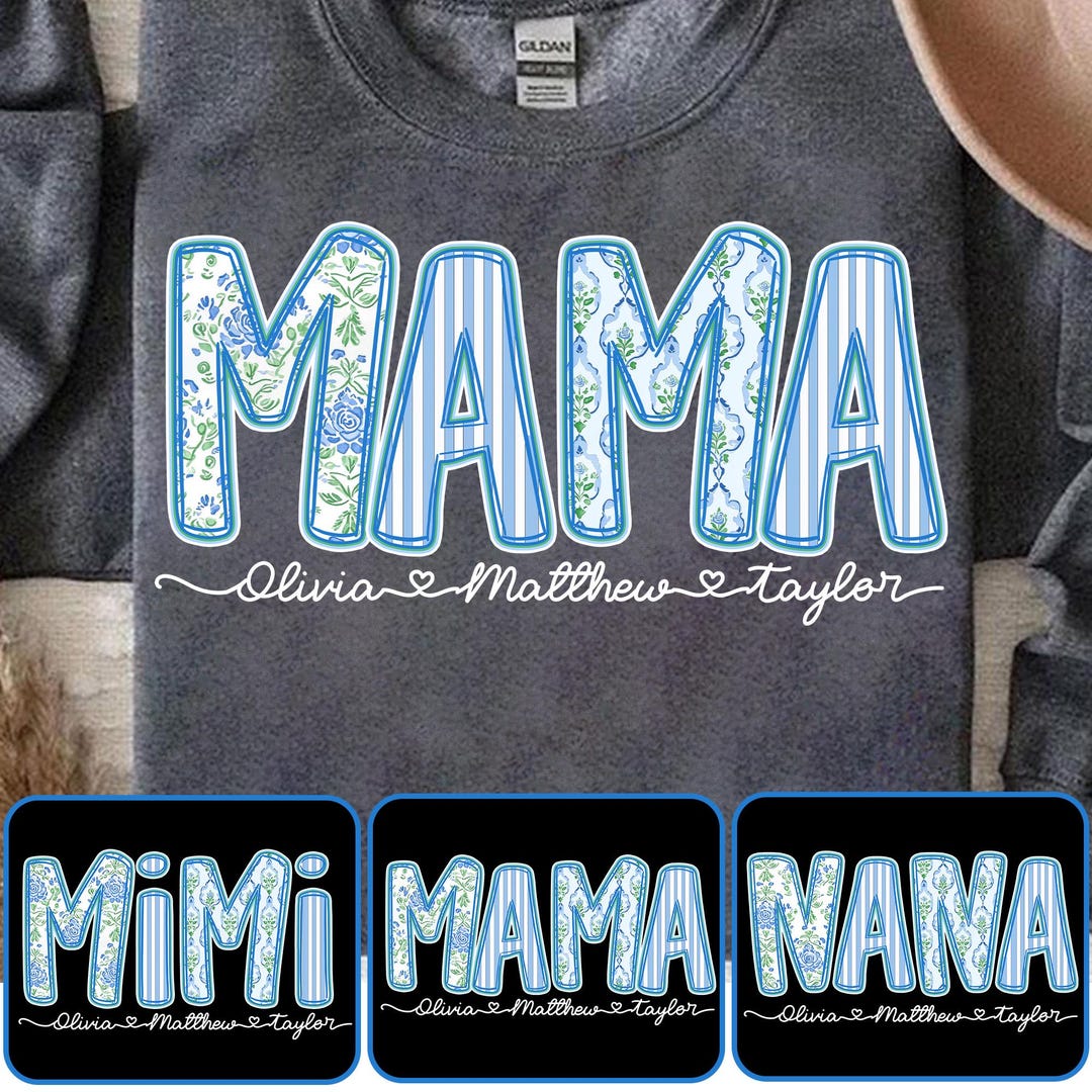 Preppy Mama Floral Bundle Png, Blue Floral, Stripes, Mama Flower Png ...