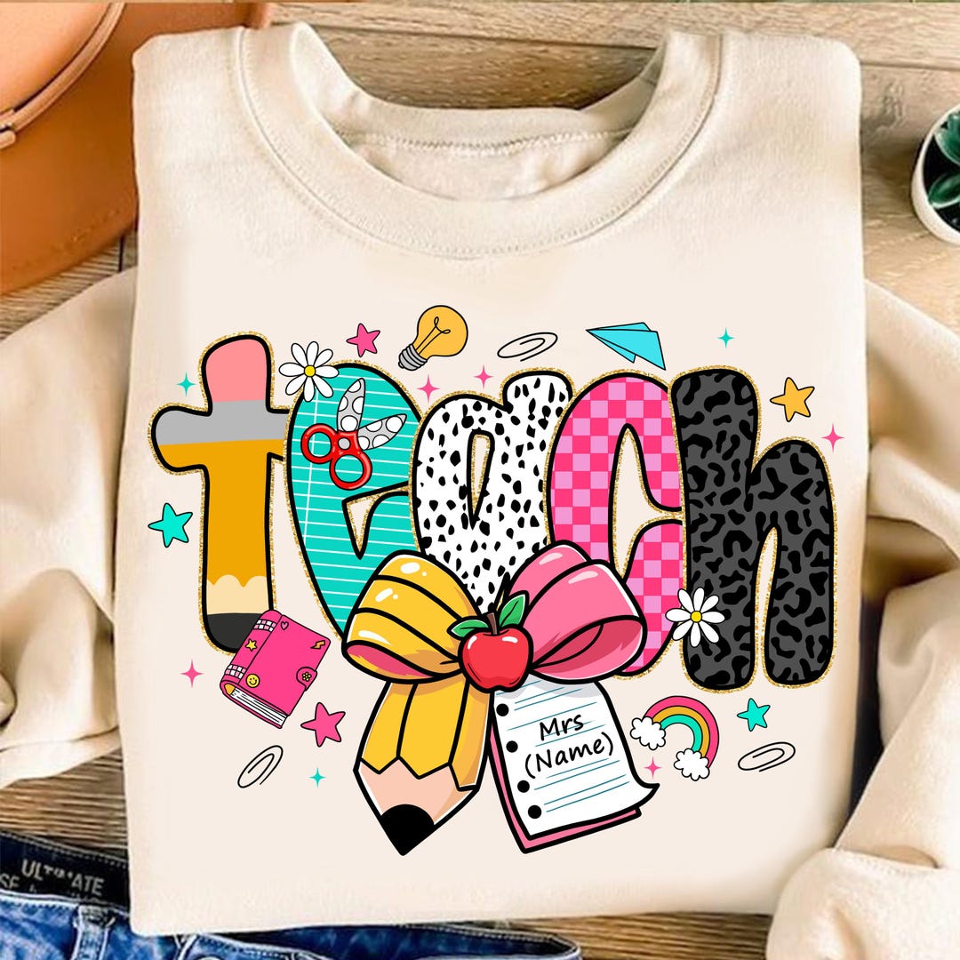 Personalized Preppy Teacher Pencil Coquette Bow Doodle Png, Custom ...