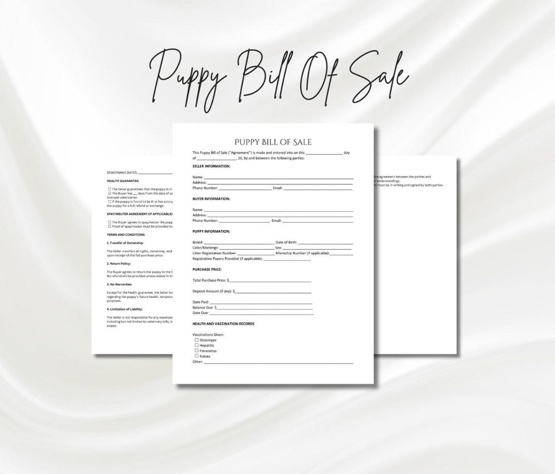 Puppy Bill of Sale Form, Puppy Deposit Receipt, Dog Breeder Contract ...