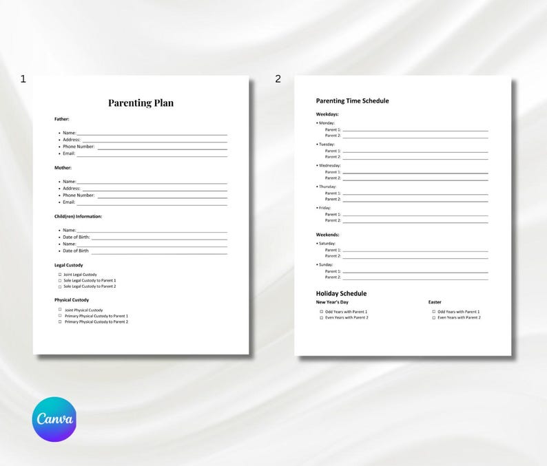 Parenting Plan Template, Printable Parenting Plan Form, Child Custody ...
