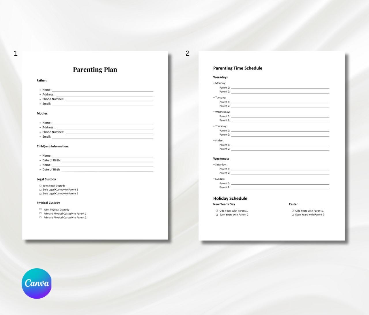 Parenting Plan Template, Printable Parenting Plan Form, Child Custody ...