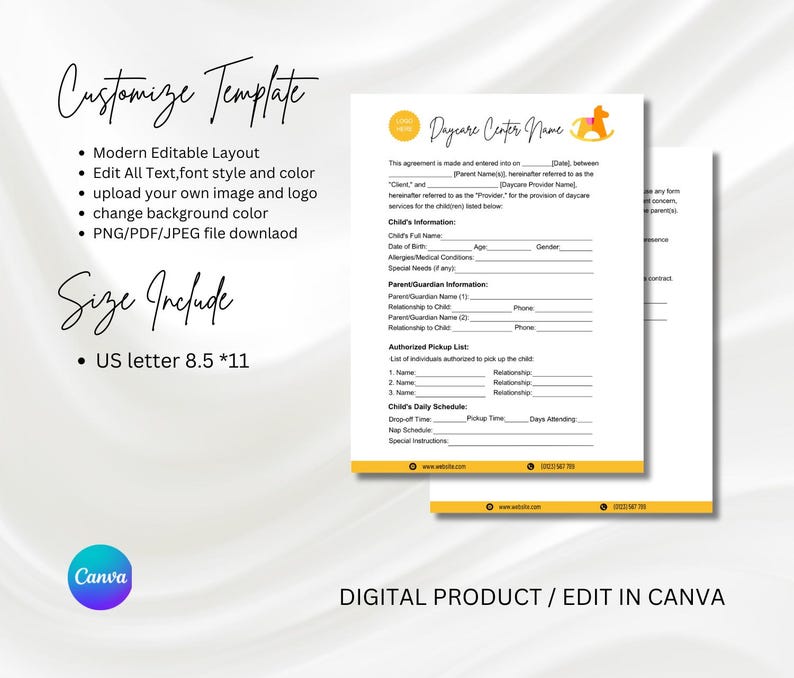 Daycare Contract, Childcare Form, Daycare Forms, Editable Daycare ...