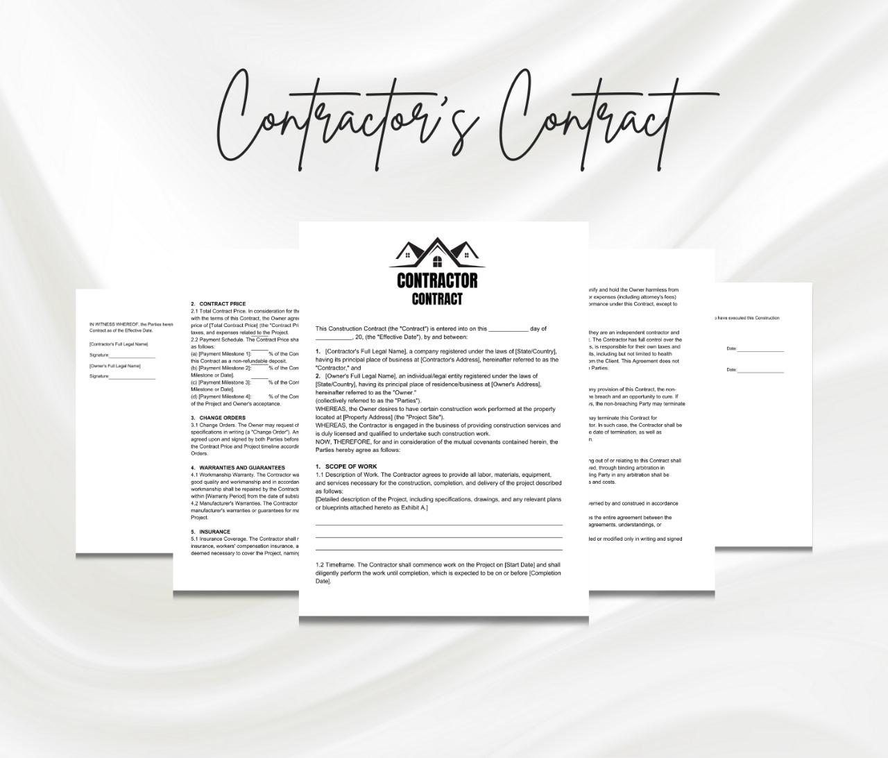 Editable Construction Contract, Contractor Agreement, Construction ...
