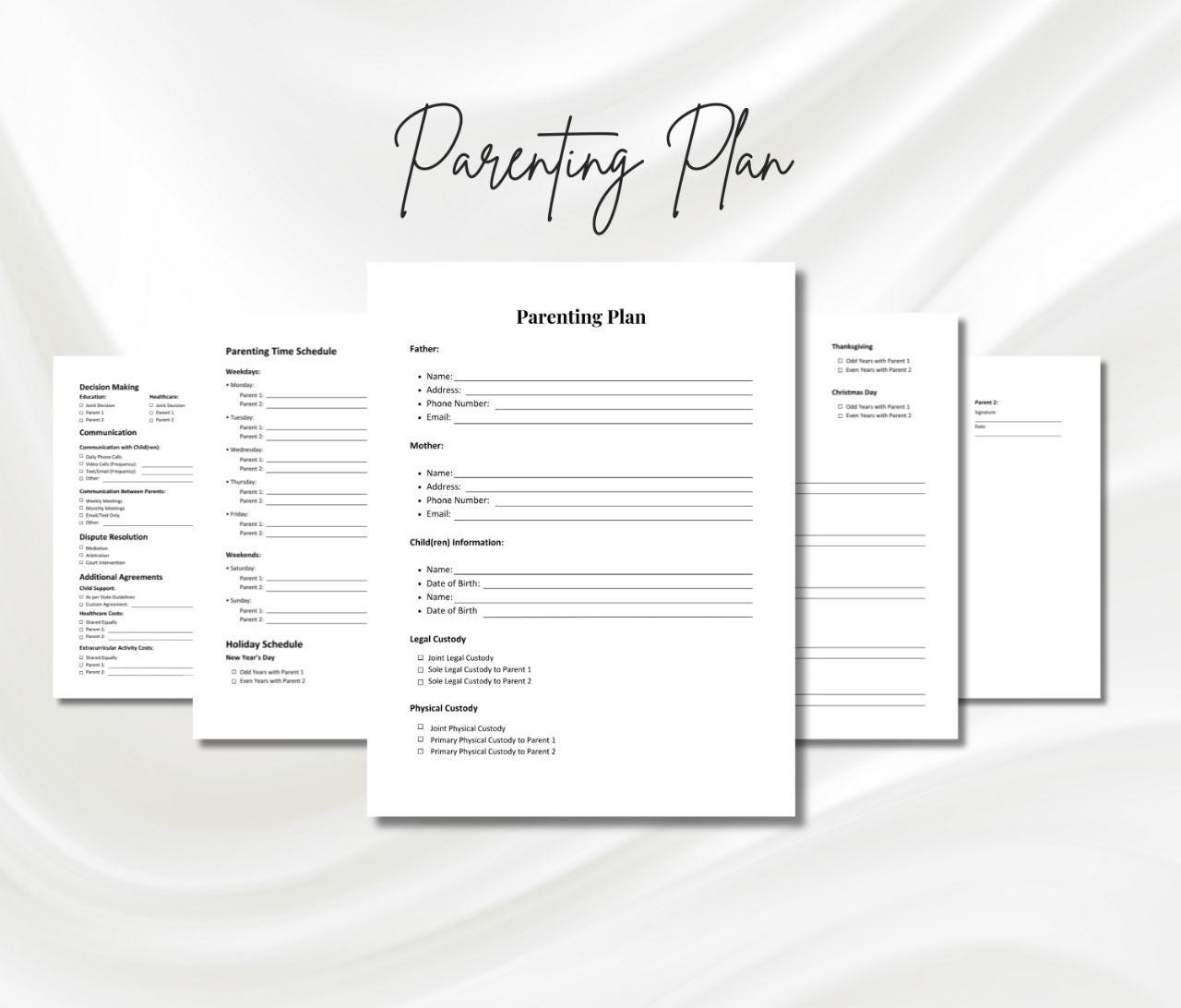 Parenting Plan Template, Printable Parenting Plan Form, Child Custody ...