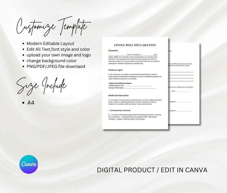 Printable Living Will Form, Living Will Declaration Template, Health ...