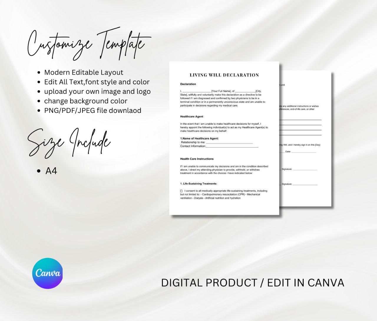 Printable Living Will Form, Living Will Declaration Template, Health ...