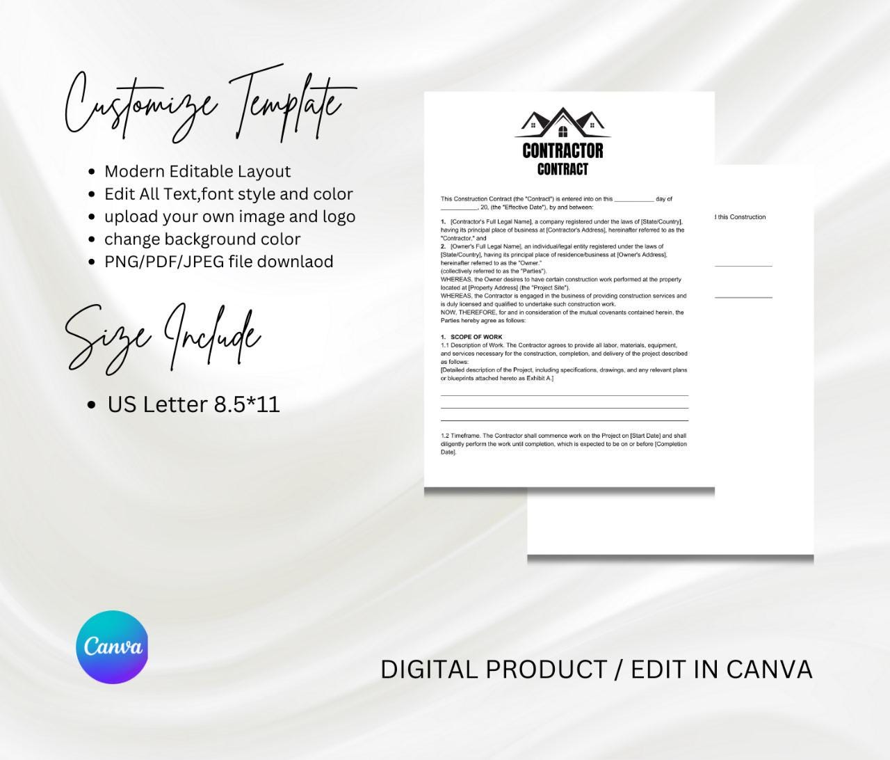 Editable Construction Contract, Contractor Agreement, Construction ...