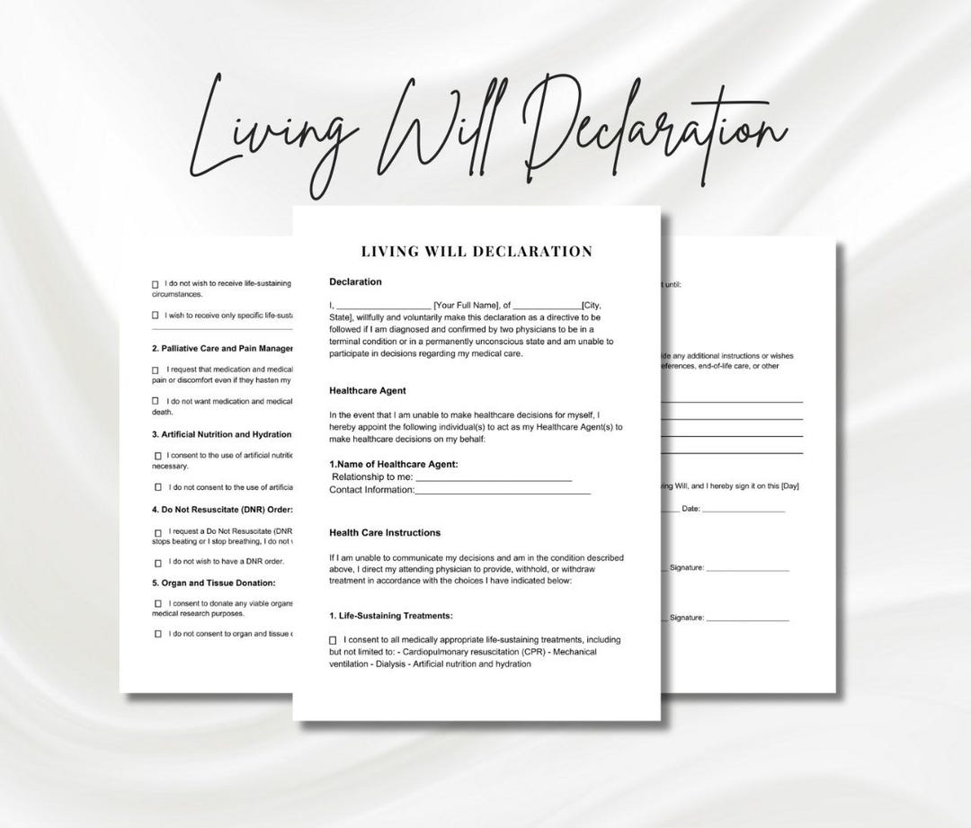 Printable Living Will Form, Living Will Declaration Template, Health ...