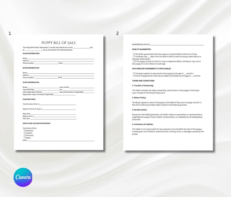 Puppy Bill of Sale Form, Puppy Deposit Receipt, Dog Breeder Contract ...