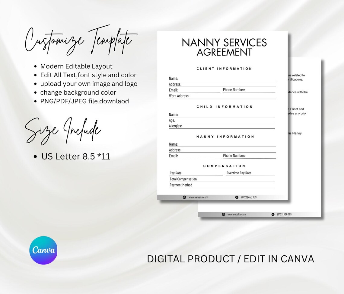 Nanny Service Contract, Nanny Service Agreement, Nanny Legal Form ...