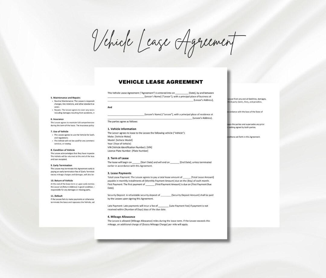 Vehicle Lease Agreement, Auto Lease Contract, Rental Car Agreement, Car ...