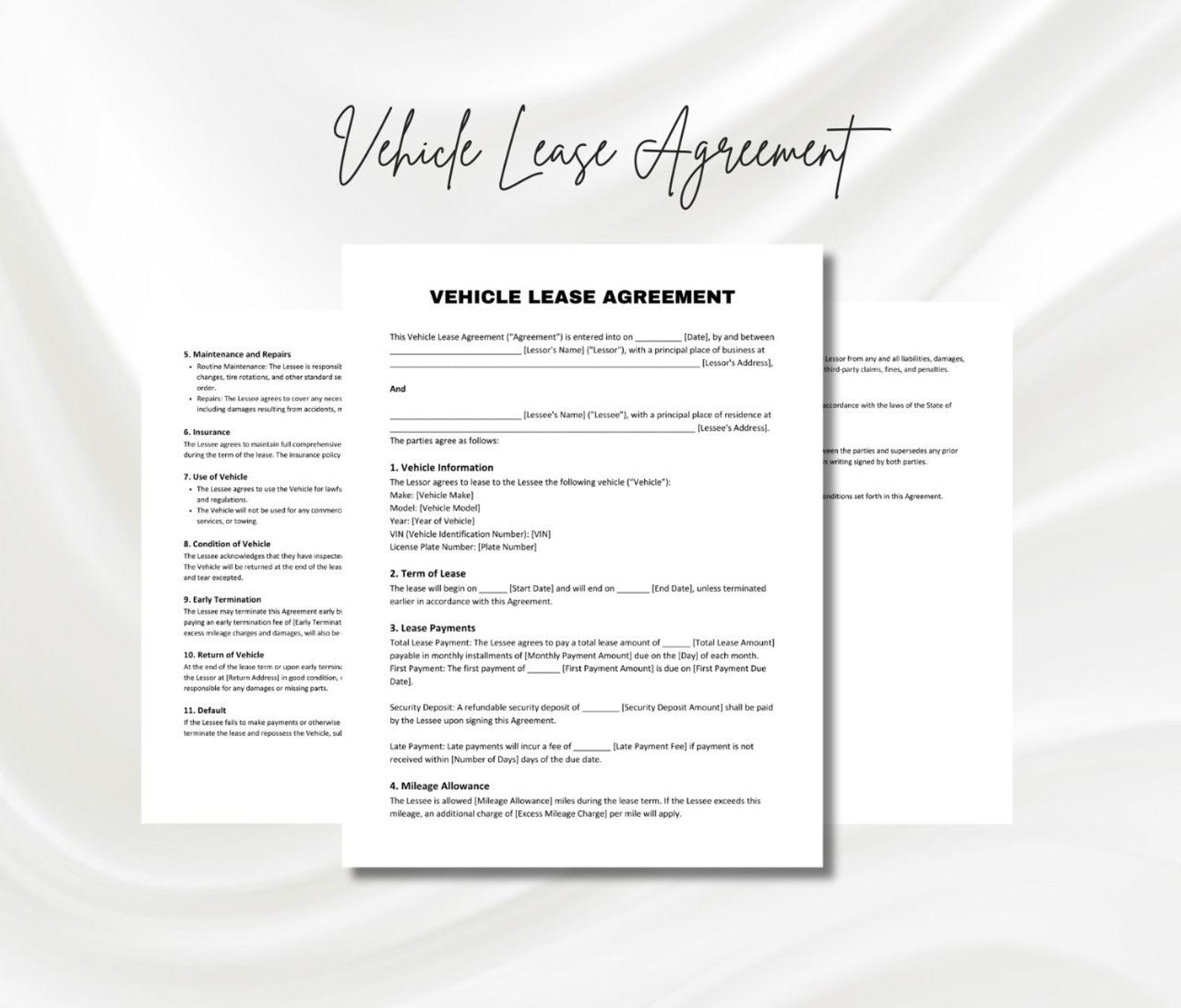 Vehicle Lease Agreement, Auto Lease Contract, Rental Car Agreement, Car ...