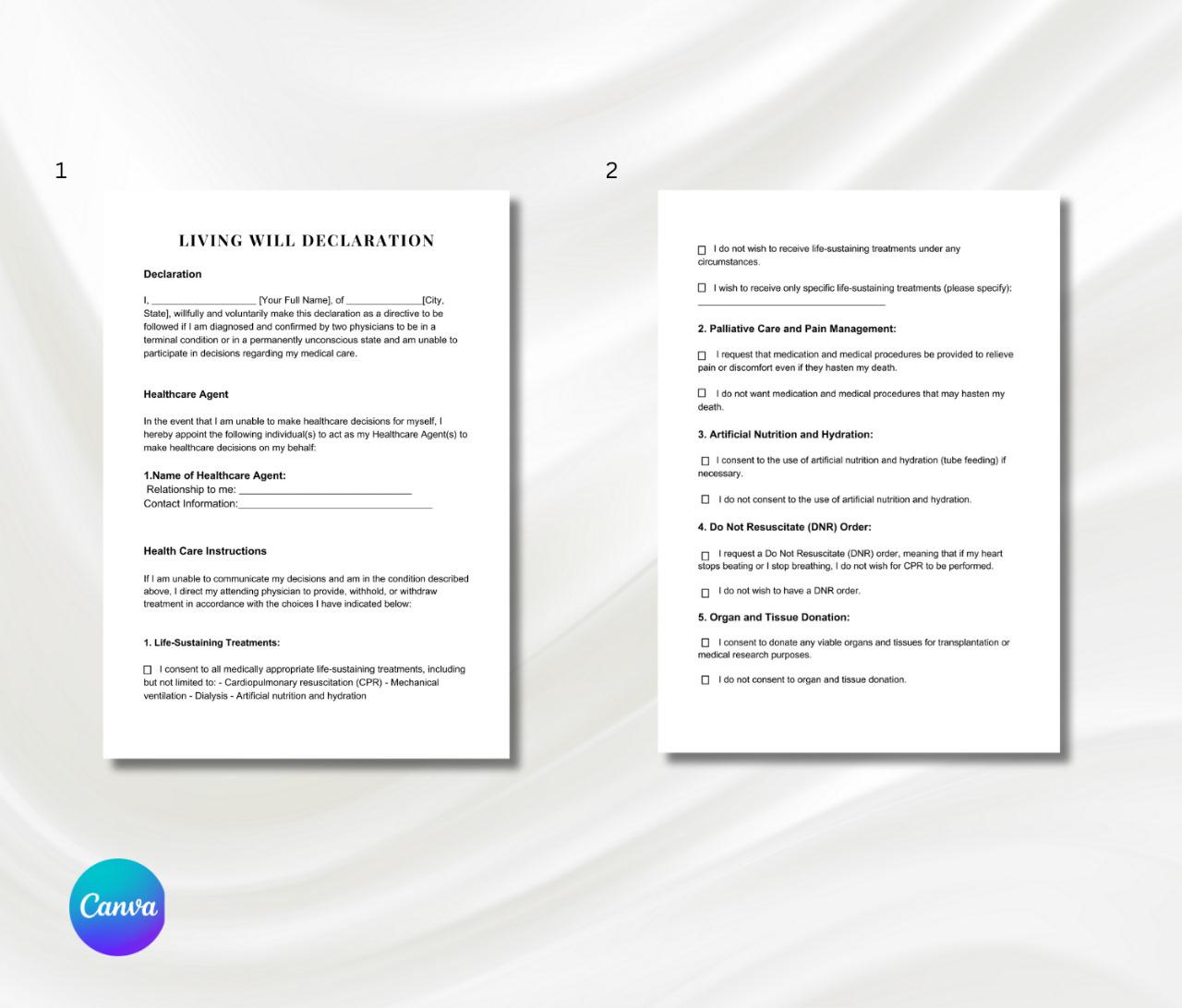 Printable Living Will Form, Living Will Declaration Template, Health ...