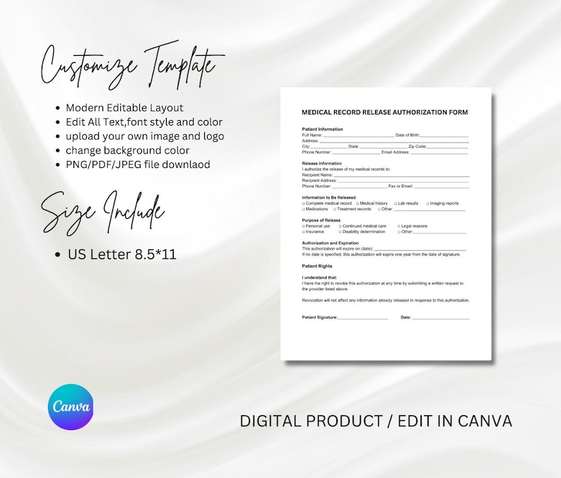 Medical Records Release Authorization, HIPAA Compliant Medical Release ...
