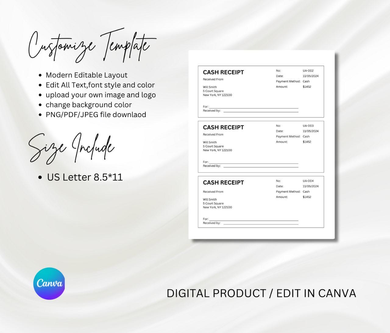 Editable Cash Receipt Template, Sales Receipt, Rental Receipt ...