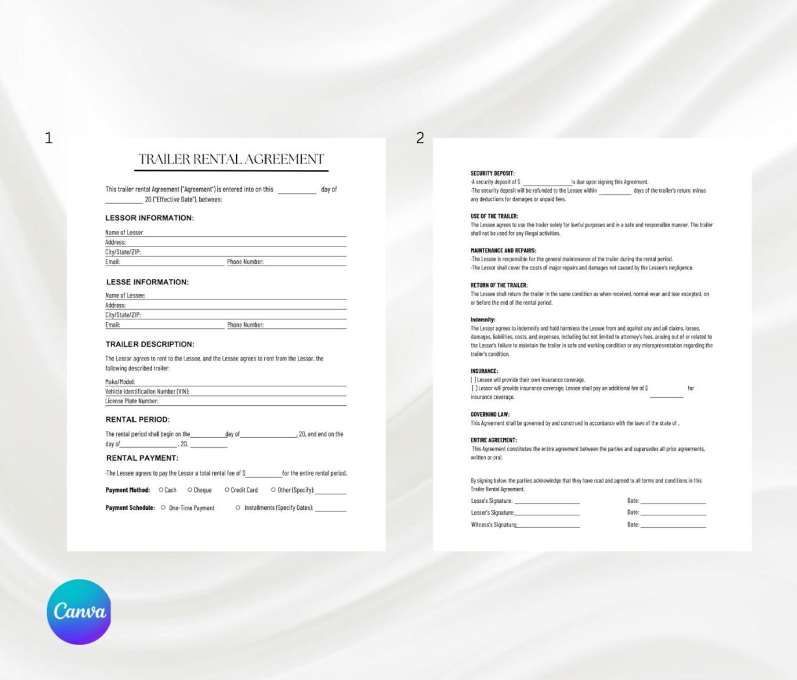 Trailer Rental Agreement, Trailer Lease Contract, Trailer Rental ...