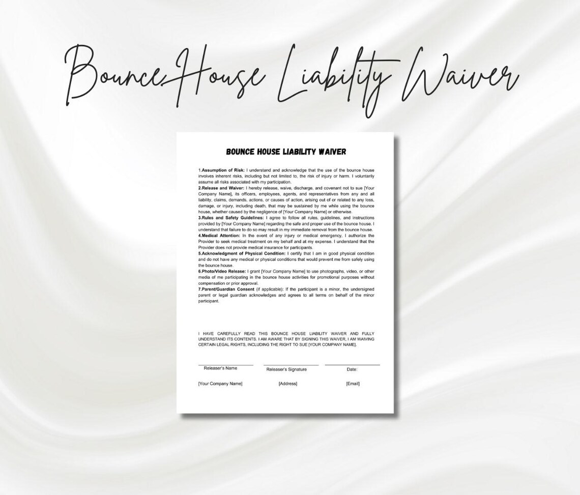 Bounce House Liability Waiver Form, Business Waiver Form, Party Rental Waiver, Bounce House ...