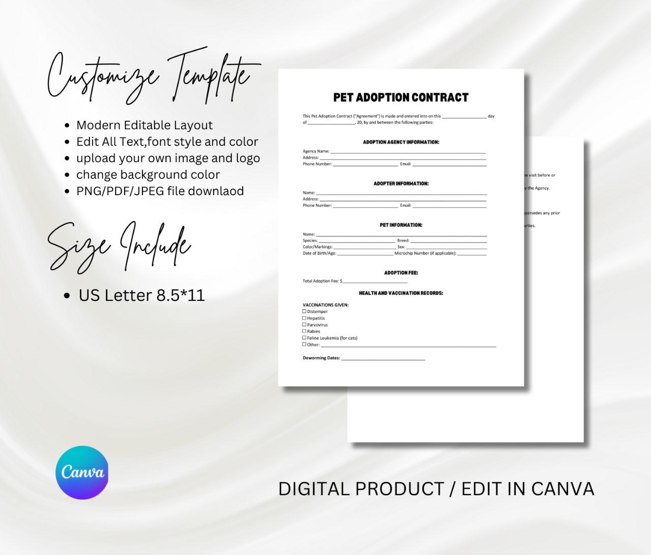 Editable Pet Adoption Contract, Puppy Adoption Form, Dog Agreement ...