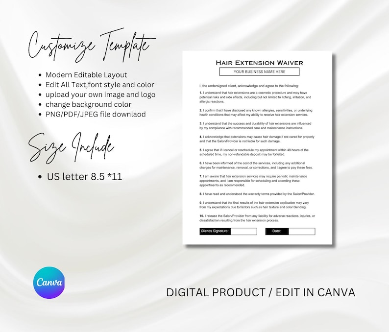 Hair Extension Waiver Template, Hair Extension Consent Form, Hair ...
