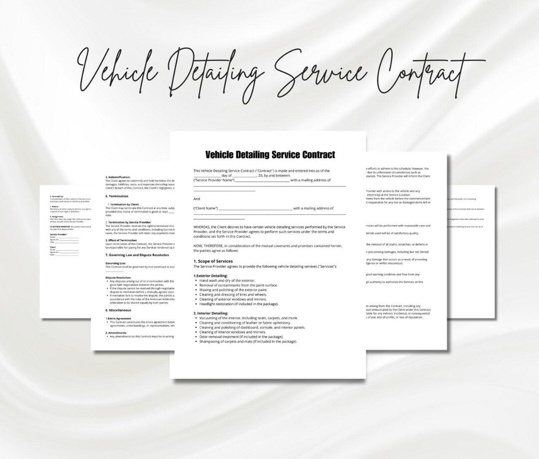 Vehicle Detailing Contract, Vehicle Washing Services Agreement, Car ...