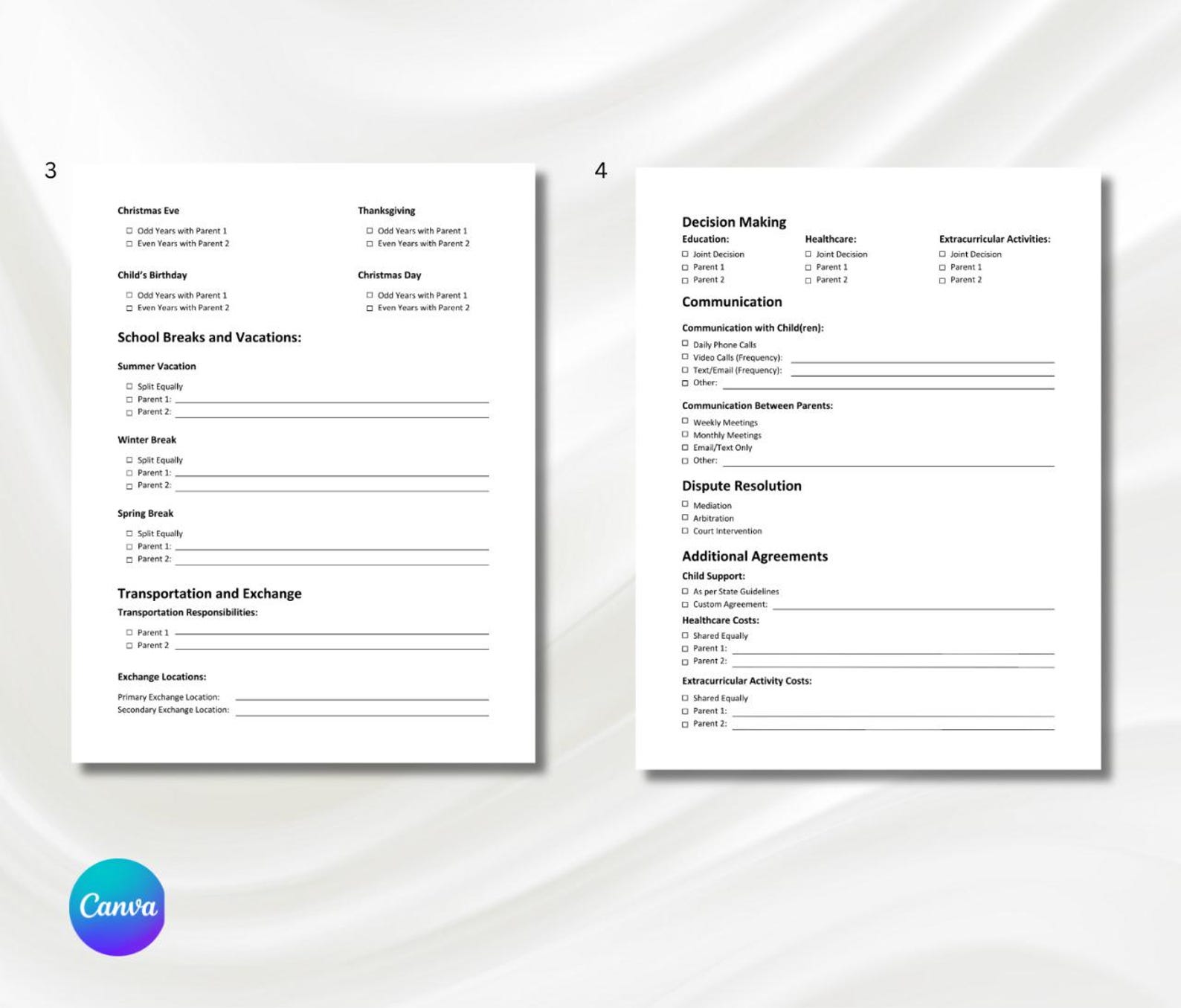 Parenting Plan Template, Printable Parenting Plan Form, Child Custody ...