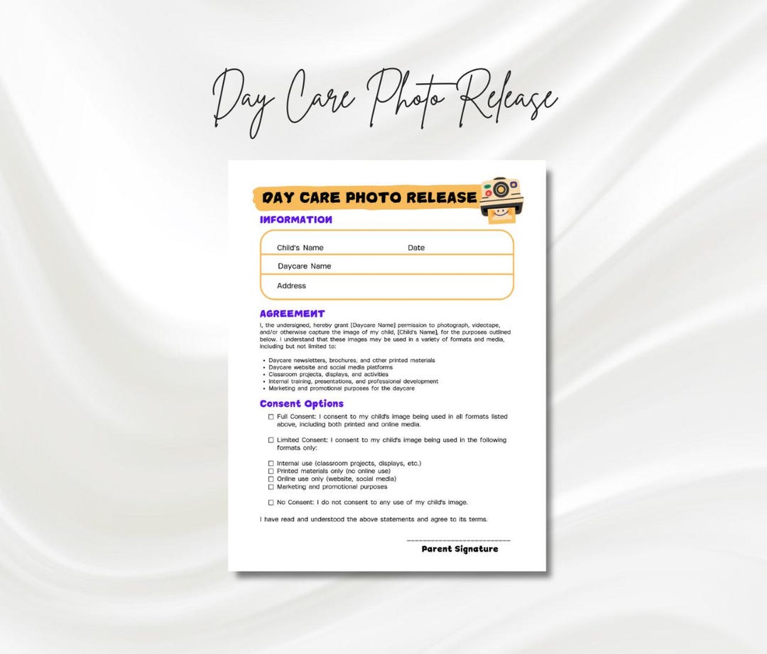 Daycare Photo Release Form, Video Release Form, Photo Permission Form ...