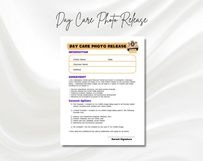 Childcare Photo Release Form/ Photo Permission Form for Childcare and ...