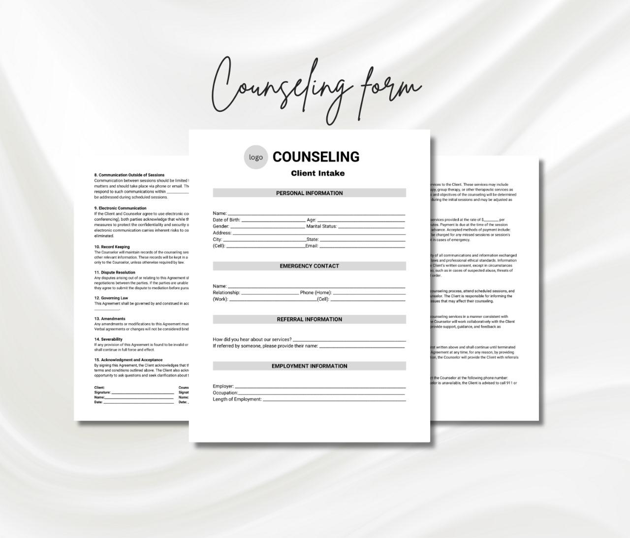 Counseling Forms Bundle, Mental Health Client Intake Form, Therapy ...