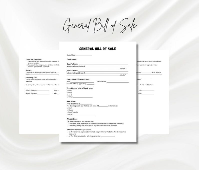 General Bill of Sale, Bill of Sale Template, Editable Bill of Sale ...