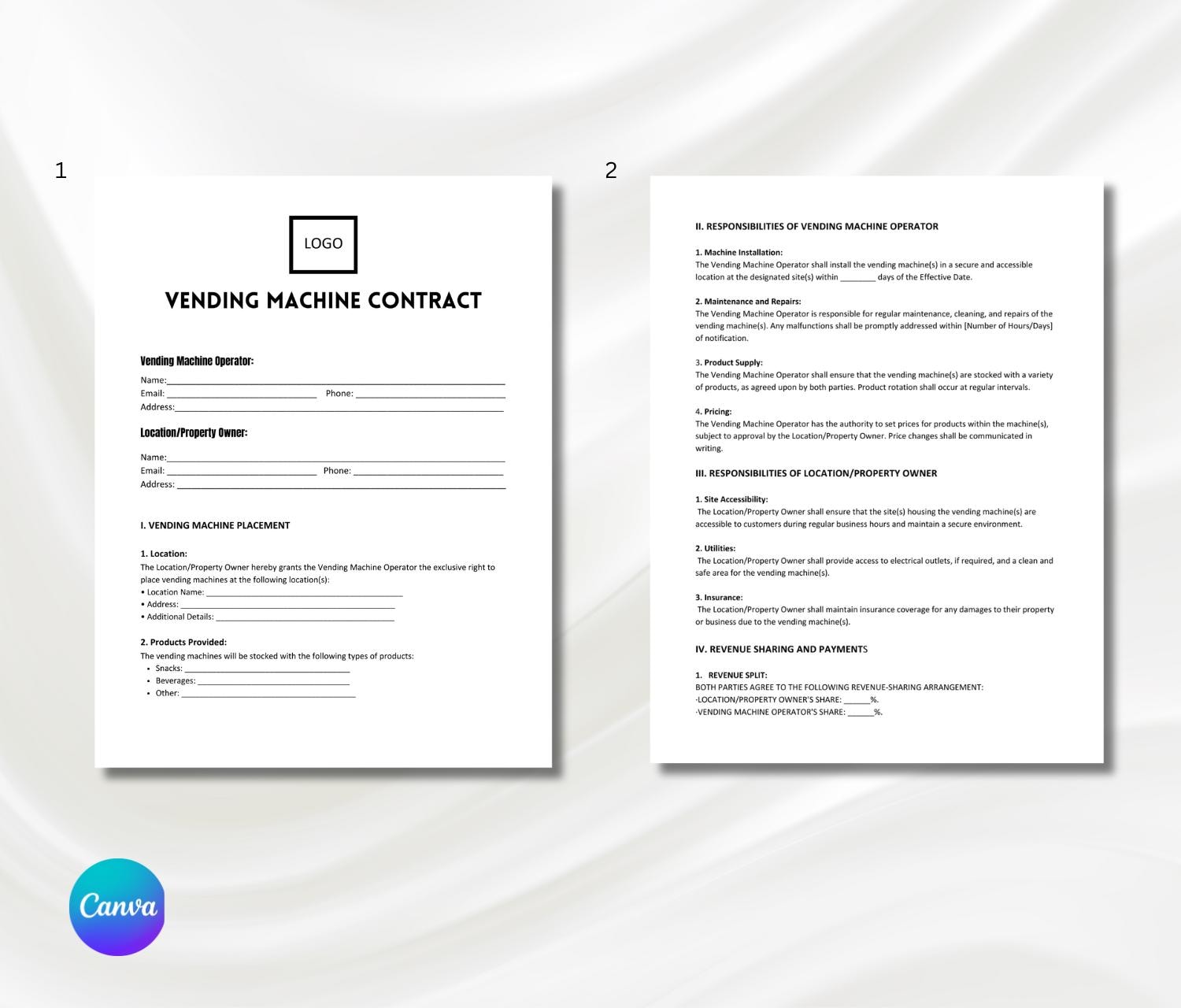 Vending Machine Contract Template, Vending Machine Rental Form, Vending ...