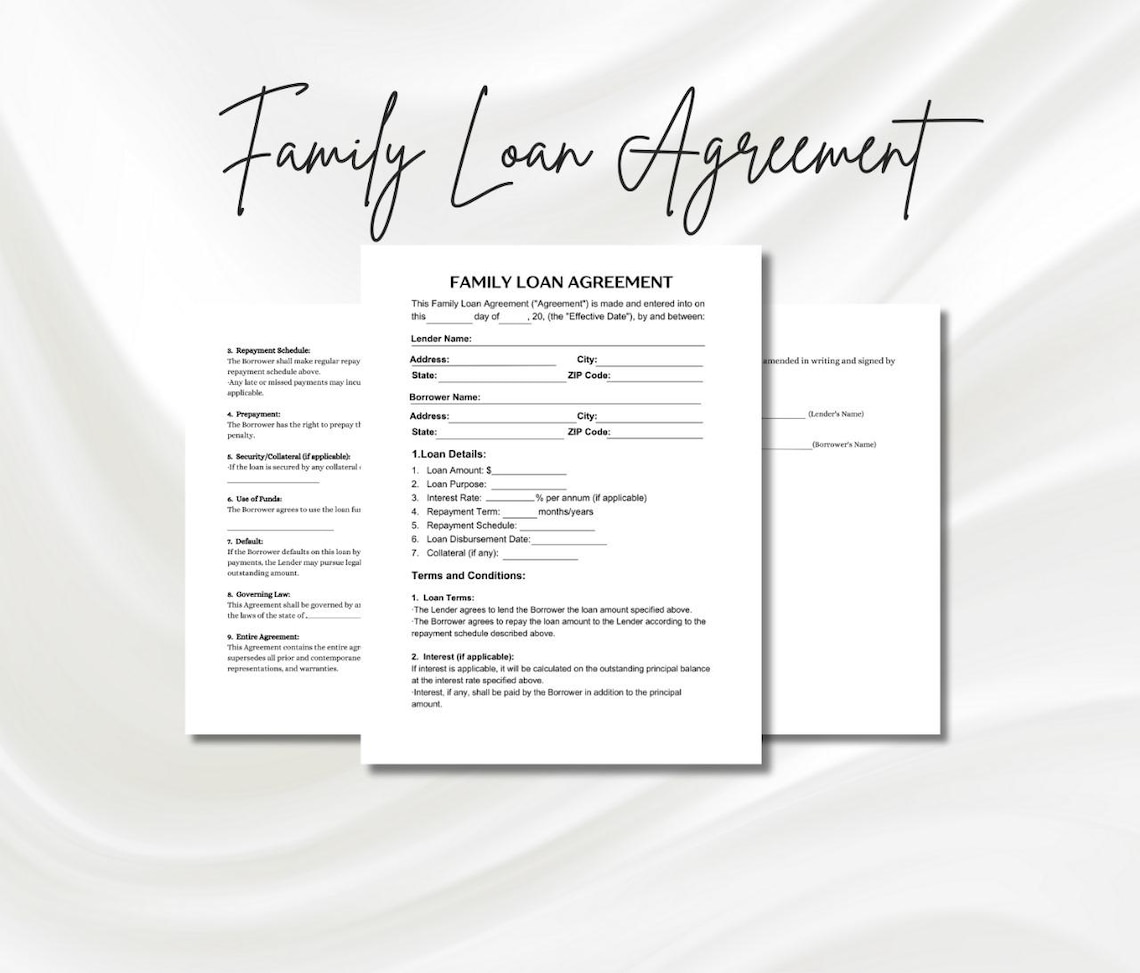 Family Loan Agreement Template, Simple Family Loan Contract, Family ...