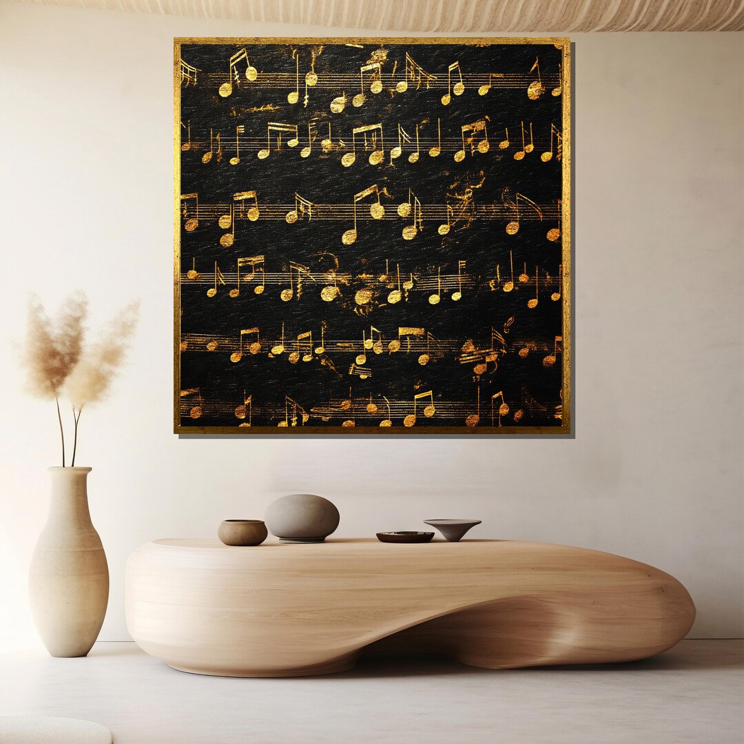 Golden Musical Notes Canvas Painting - Elegant Black and Gold Wall Art ...