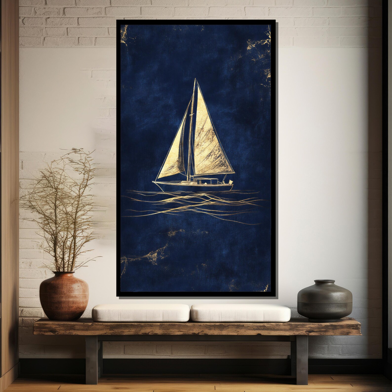 Gold Sailboat Wall Art on Navy Blue Canvas Nautical Framed Painting ...